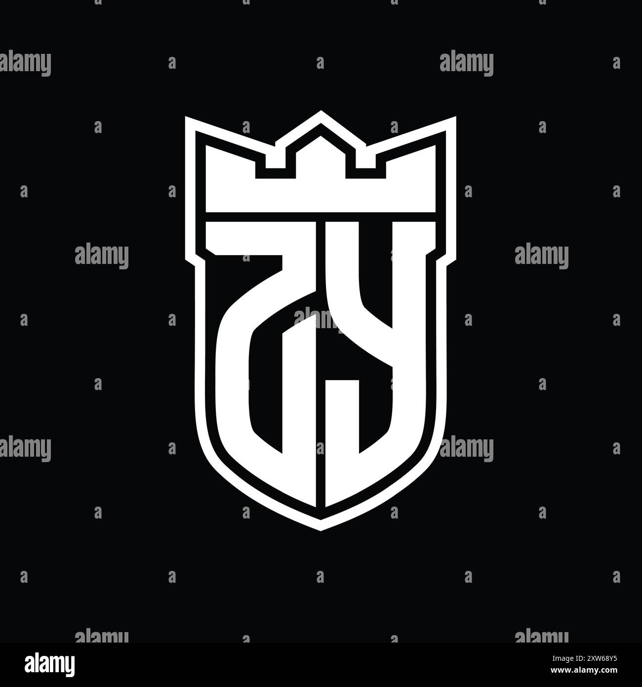 ZY Letter logo with shield shape with geometric crown inside white outline on black background ...