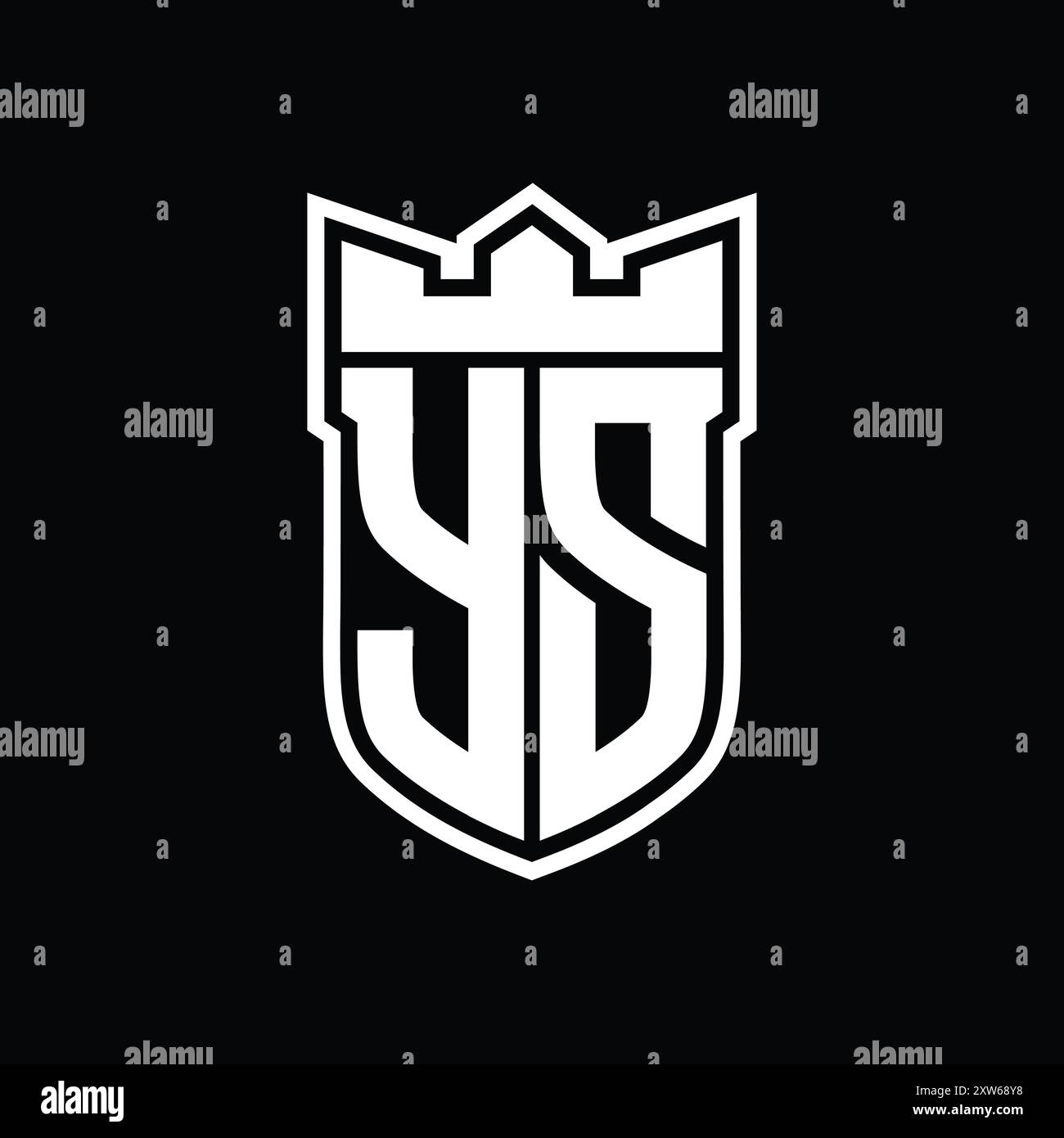 YS Letter logo with shield shape with geometric crown inside white outline on black background ...