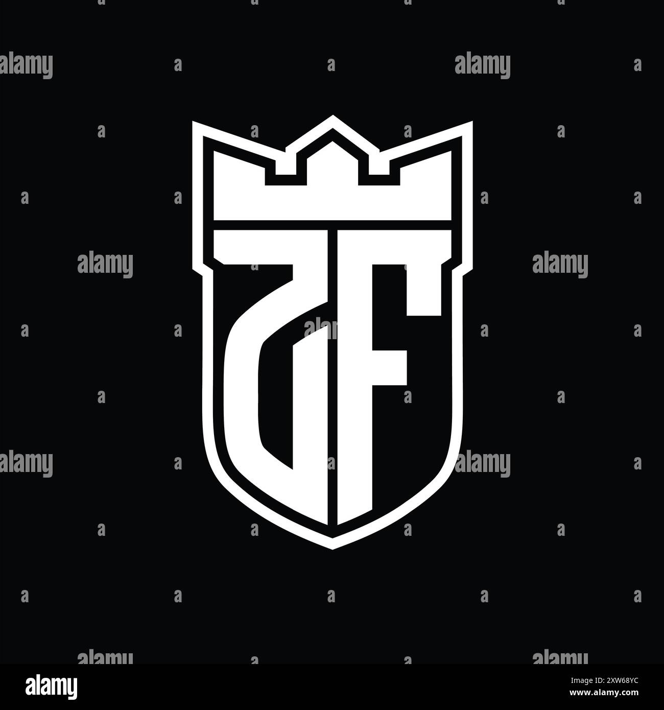 ZF Letter logo with shield shape with geometric crown inside white ...