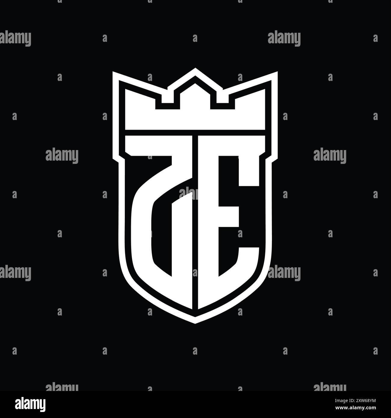 ZE Letter logo with shield shape with geometric crown inside white ...