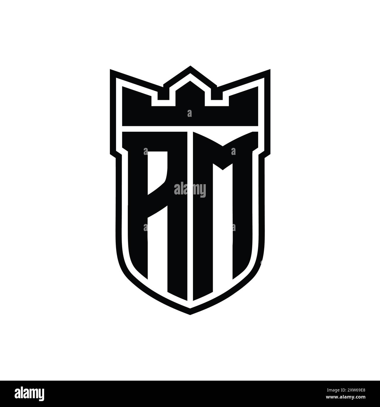 AM Letter logo with shield shape with geometric crown inside black ...