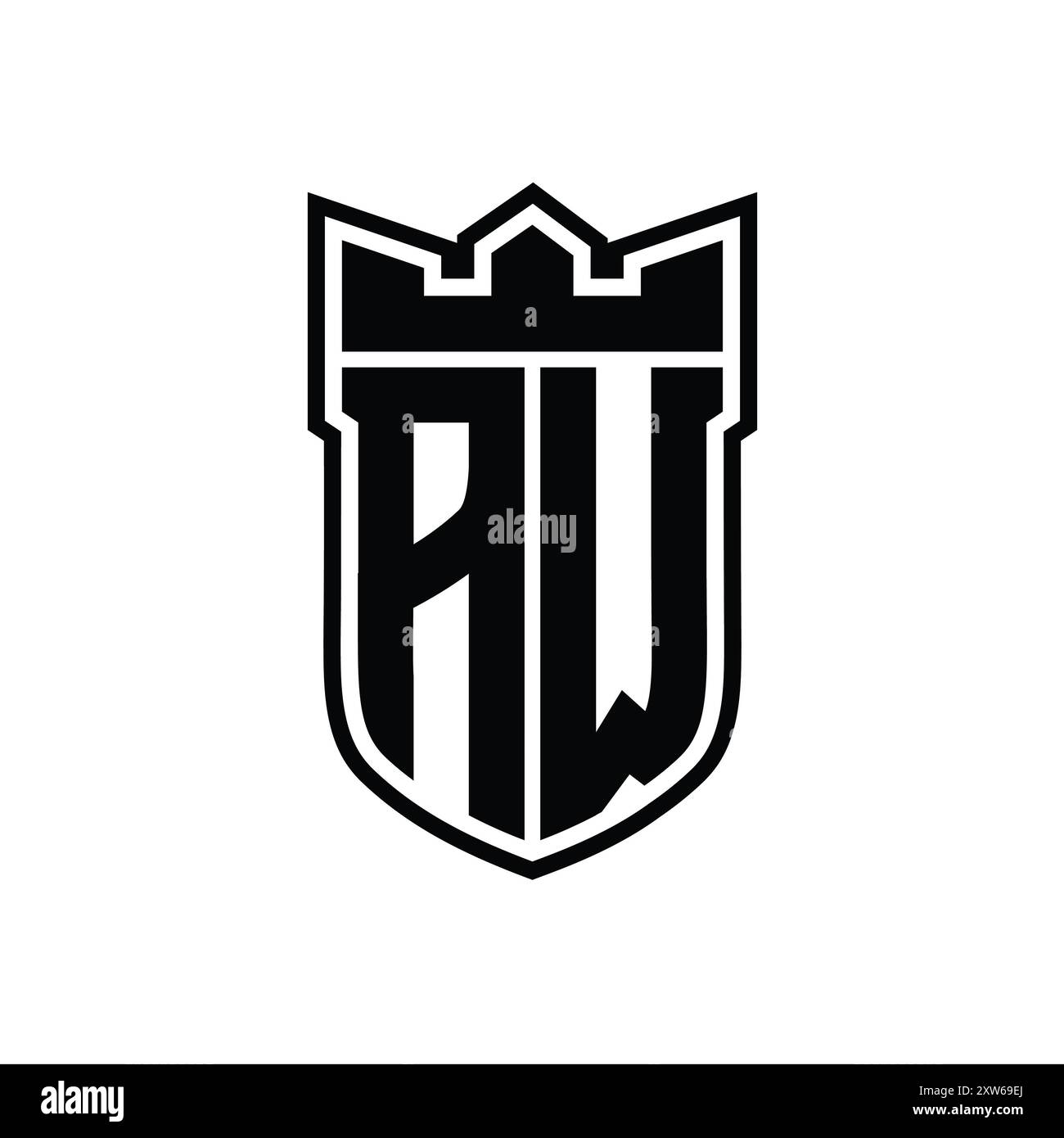 AW Letter logo with shield shape with geometric crown inside black ...