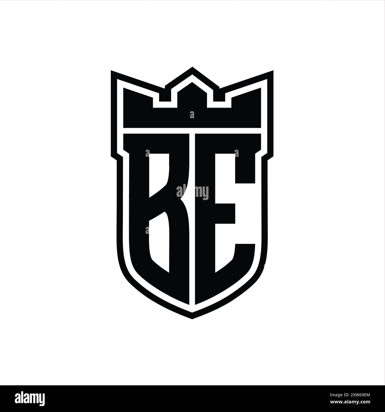 BE Letter logo with shield shape with geometric crown inside black ...