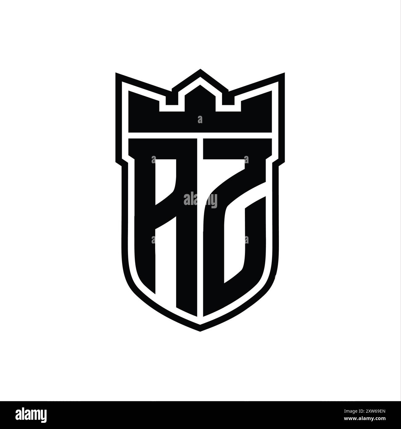 AZ Letter logo with shield shape with geometric crown inside black ...