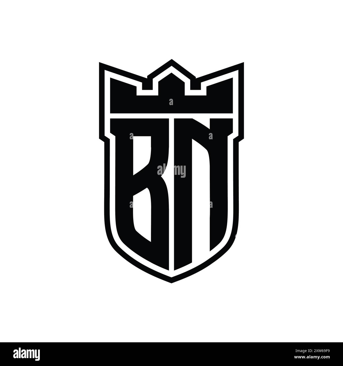 BN Letter logo with shield shape with geometric crown inside black ...