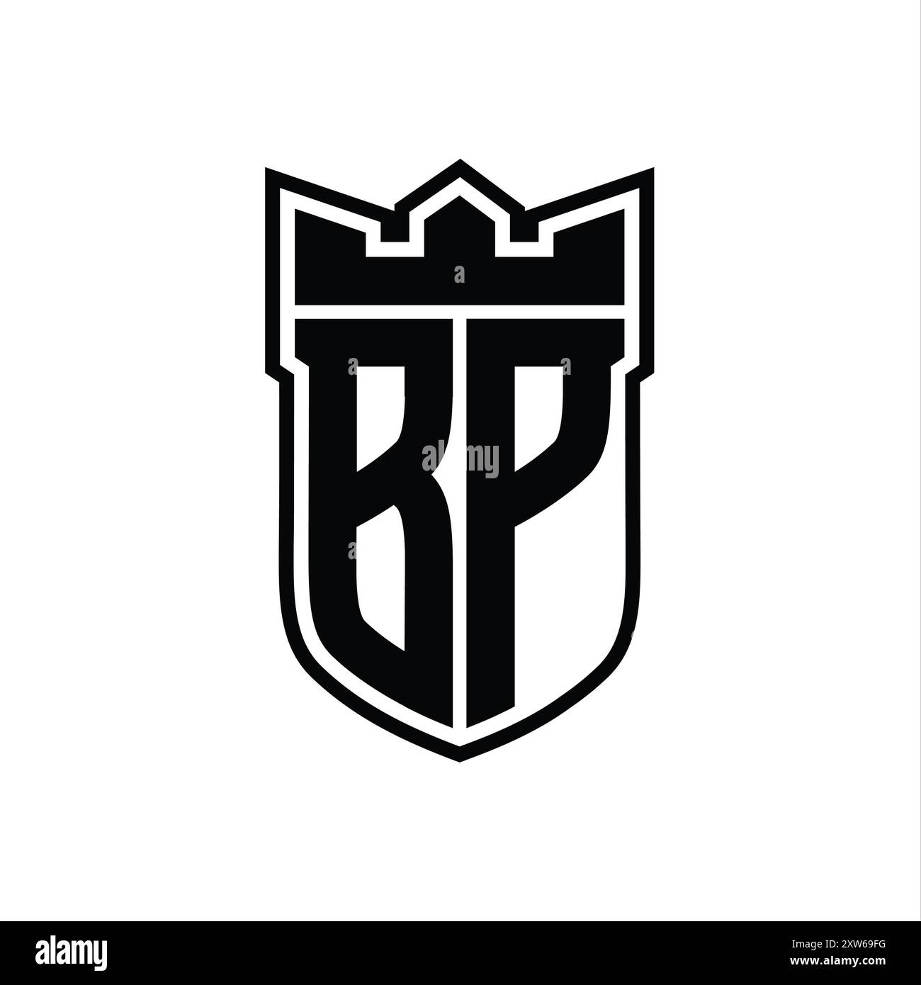 BP Letter logo with shield shape with geometric crown inside black ...