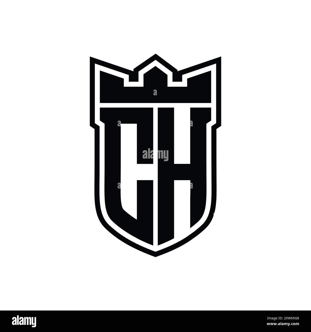 CH Letter logo with shield shape with geometric crown inside black ...