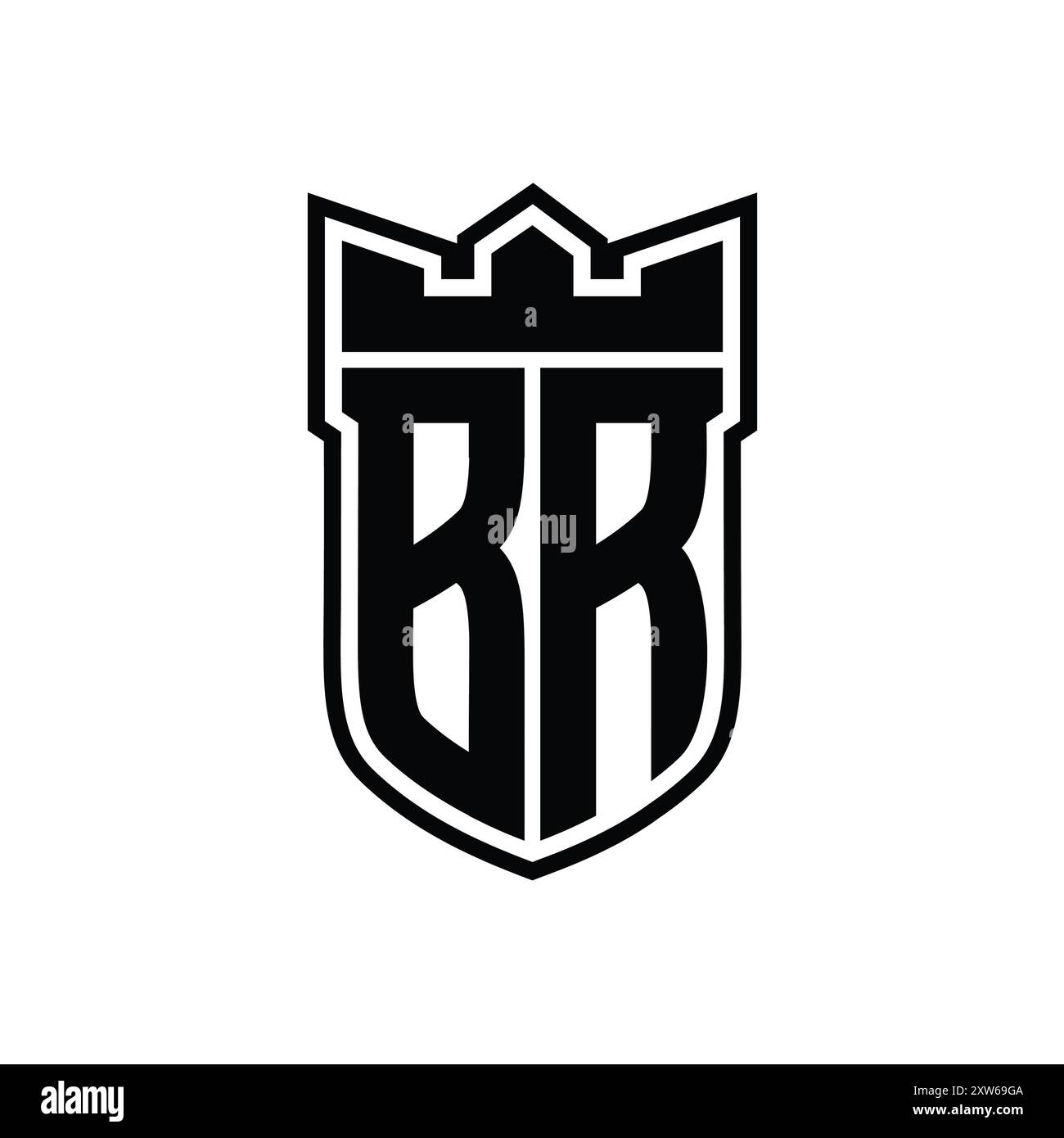BR Letter logo with shield shape with geometric crown inside black ...