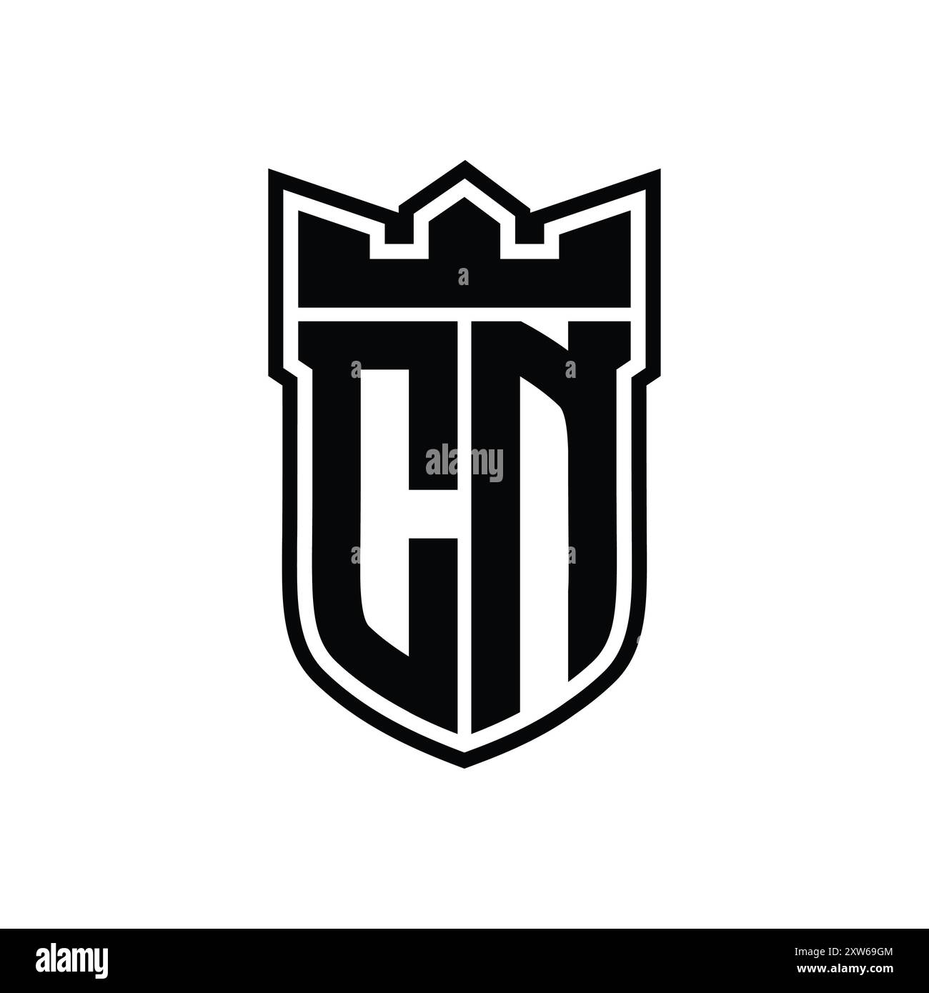 CN Letter logo with shield shape with geometric crown inside black outline on white background ...