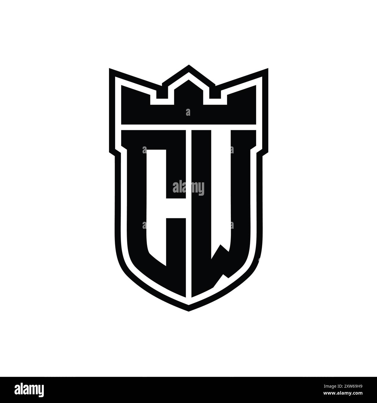 CW Letter logo with shield shape with geometric crown inside black ...