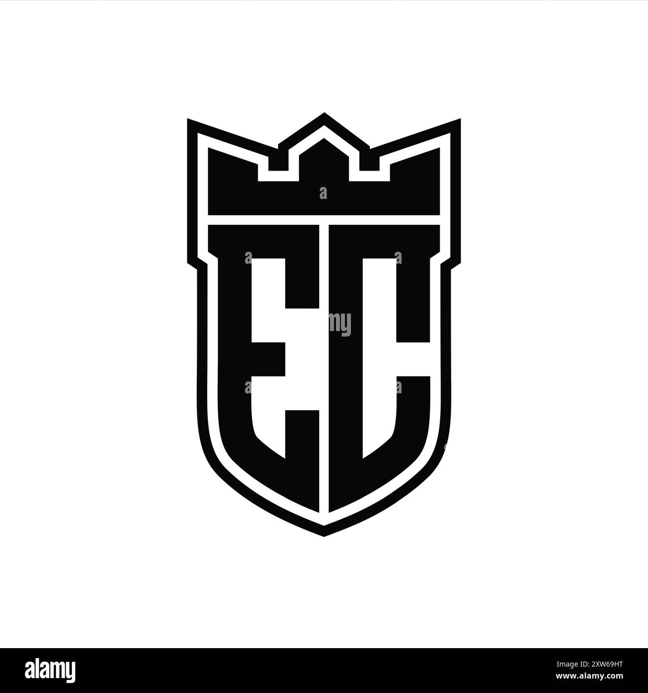 EC Letter logo with shield shape with geometric crown inside black outline on white background ...