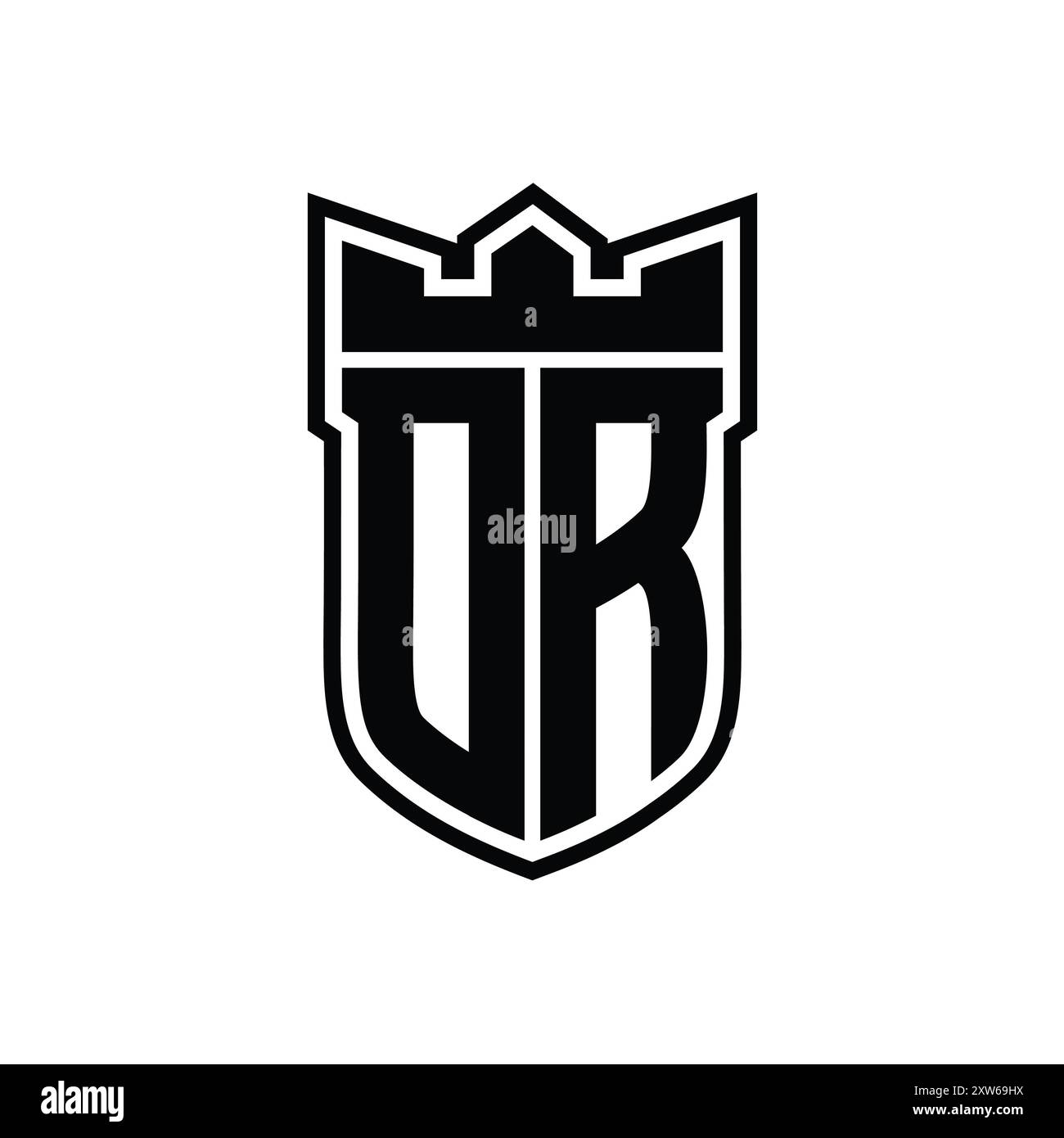 DR Letter logo with shield shape with geometric crown inside black ...