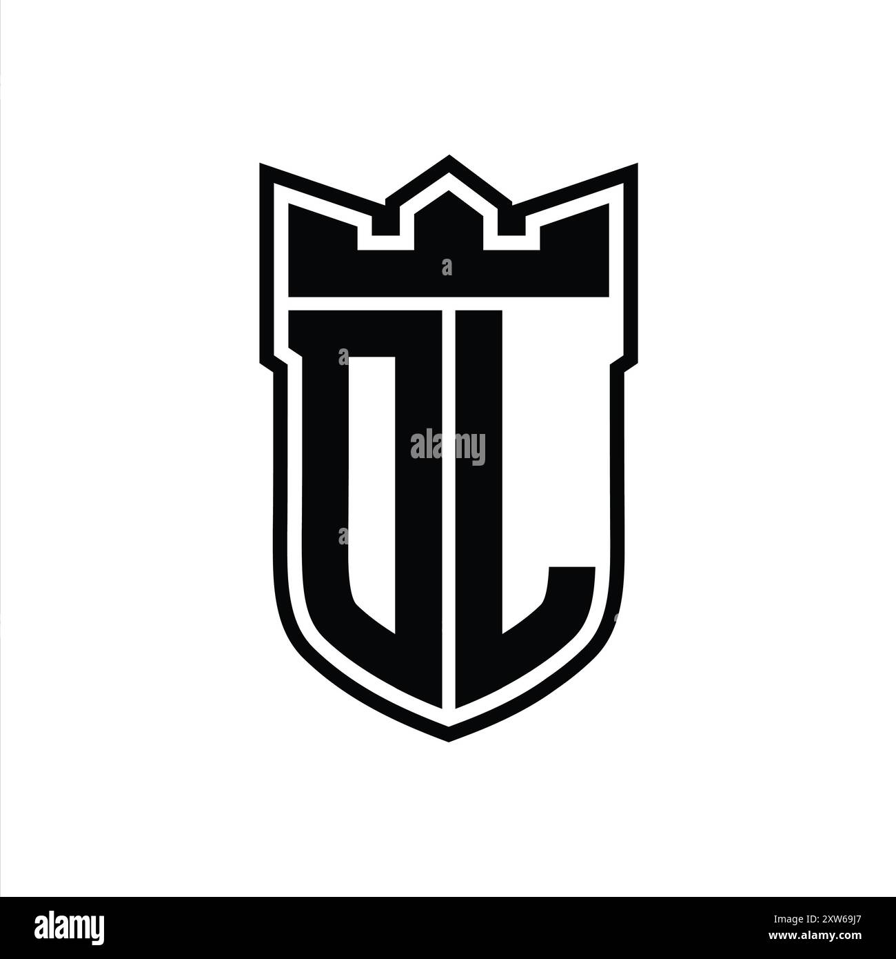 DL Letter logo with shield shape with geometric crown inside black ...