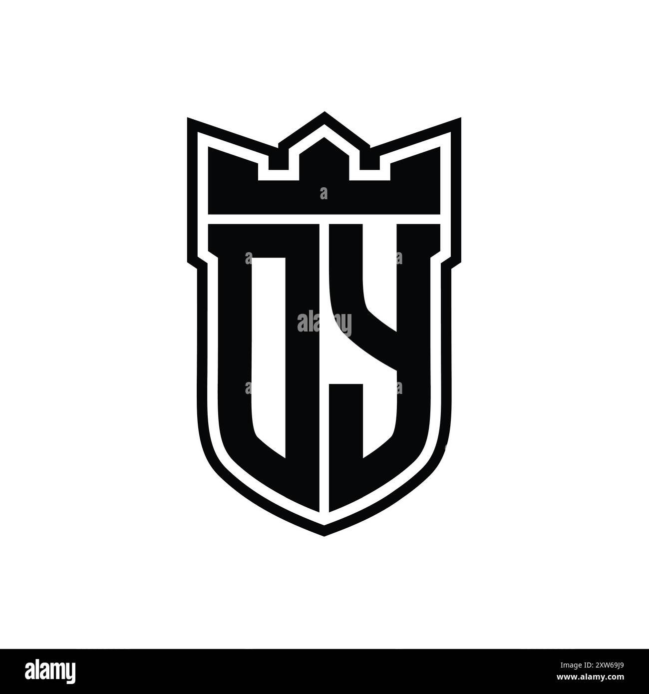 DY Letter logo with shield shape with geometric crown inside black outline on white background ...