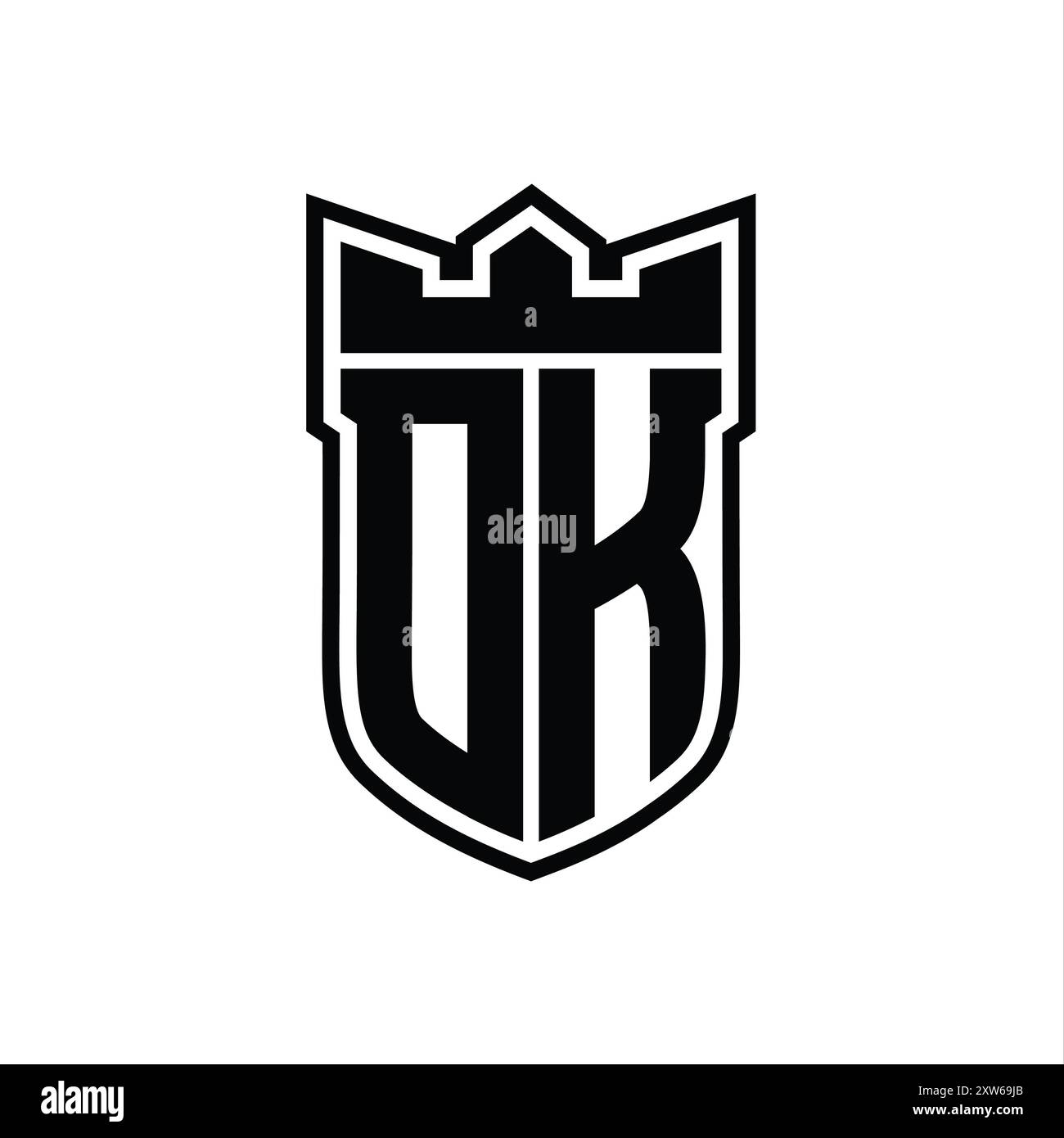 DK Letter logo with shield shape with geometric crown inside black ...