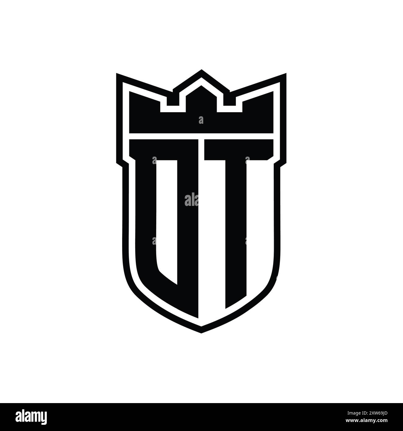 DT Letter logo with shield shape with geometric crown inside black ...