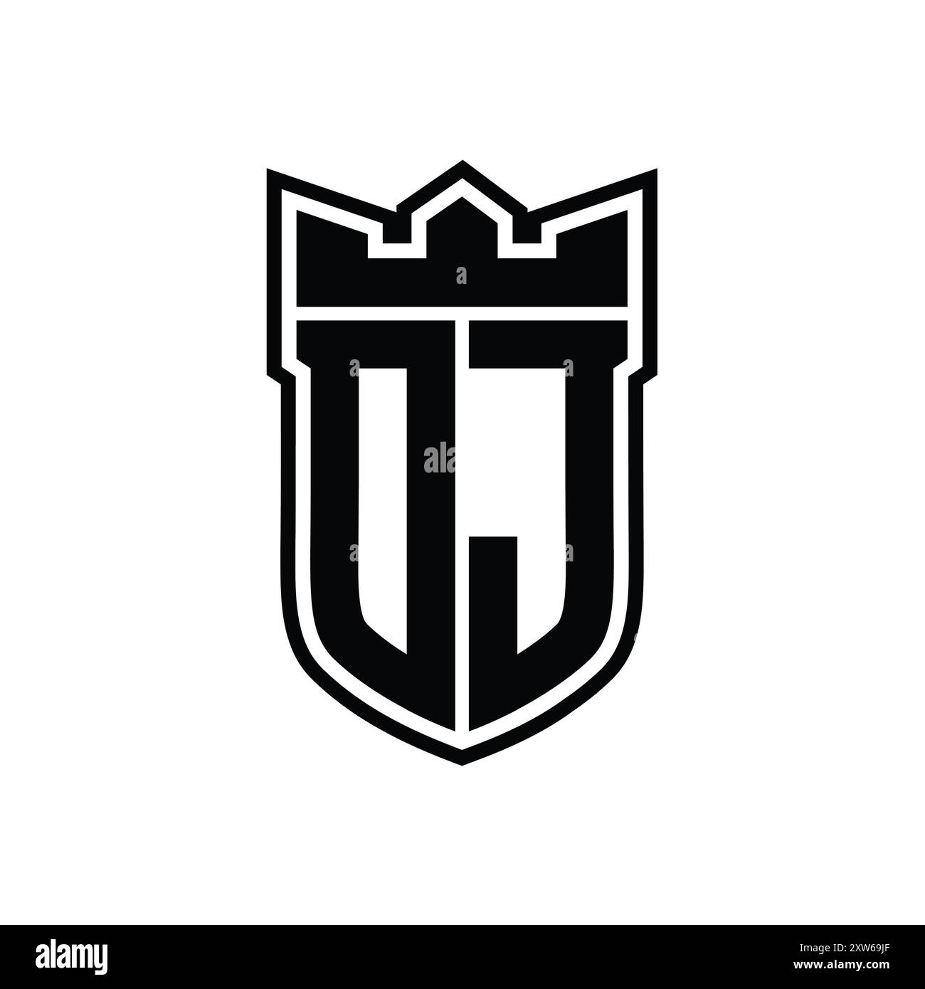 DJ Letter logo with shield shape with geometric crown inside black ...