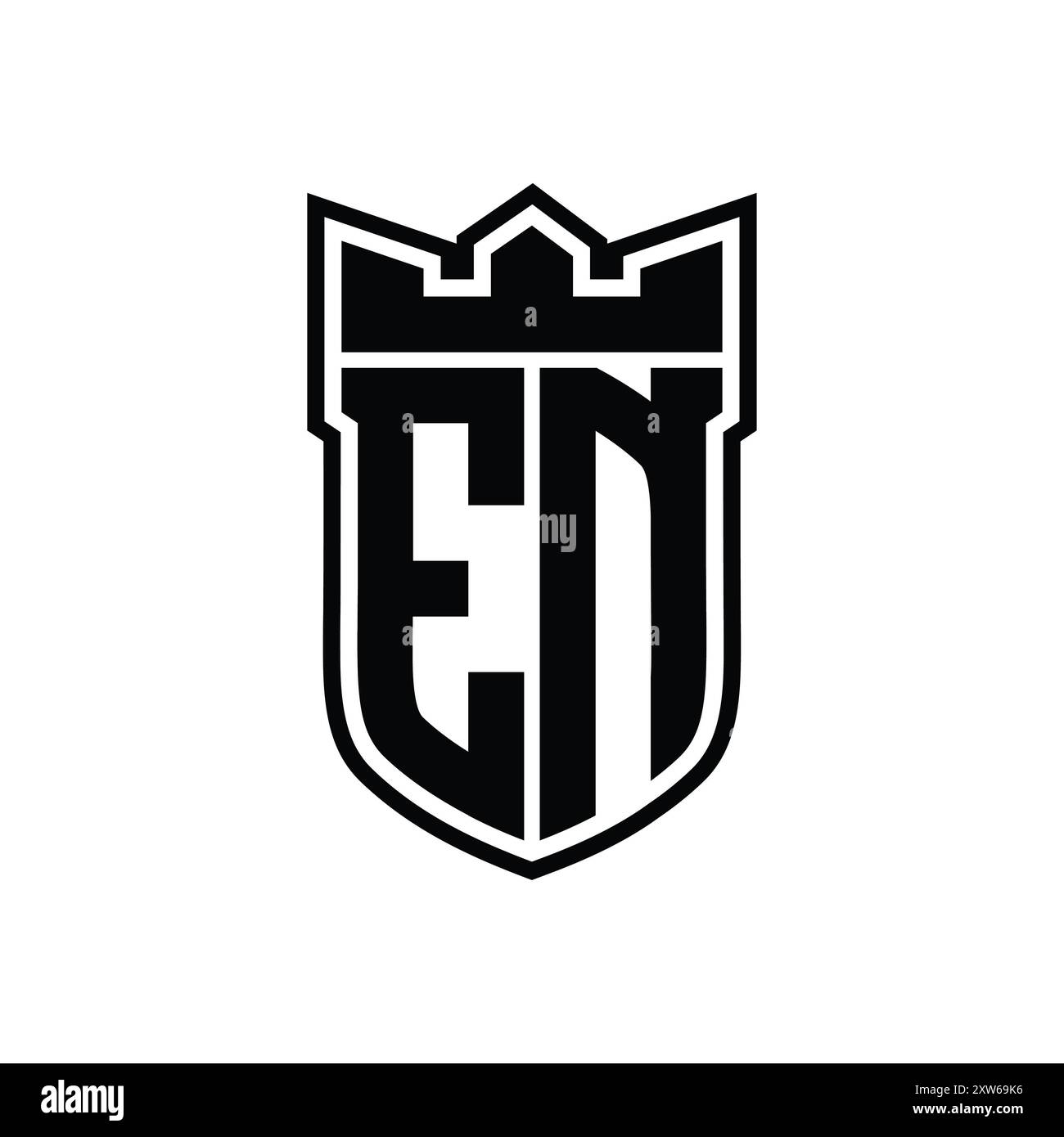 EN Letter logo with shield shape with geometric crown inside black ...
