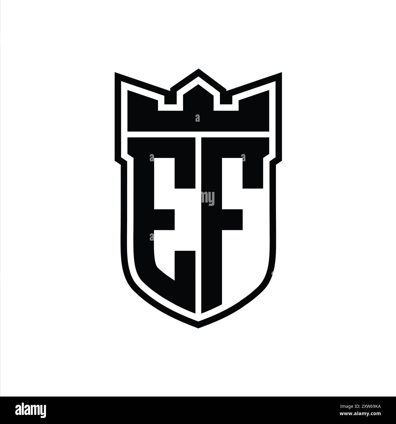 EF Letter logo with shield shape with geometric crown inside black ...