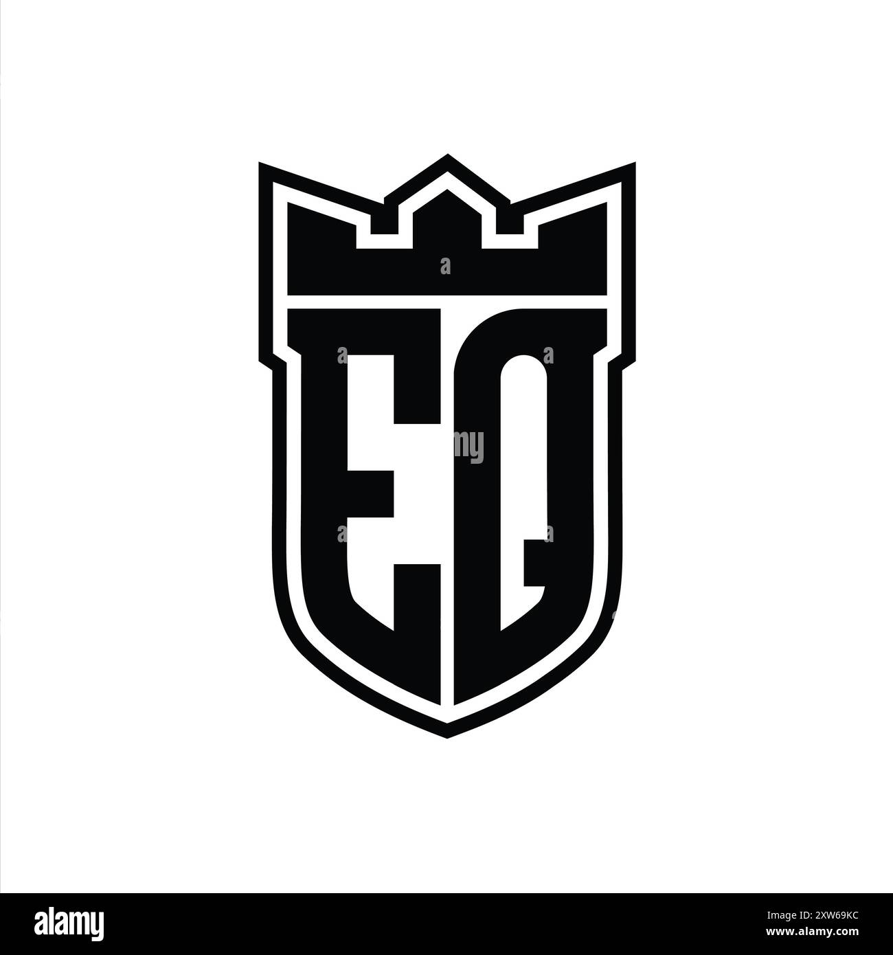 EQ Letter logo with shield shape with geometric crown inside black ...