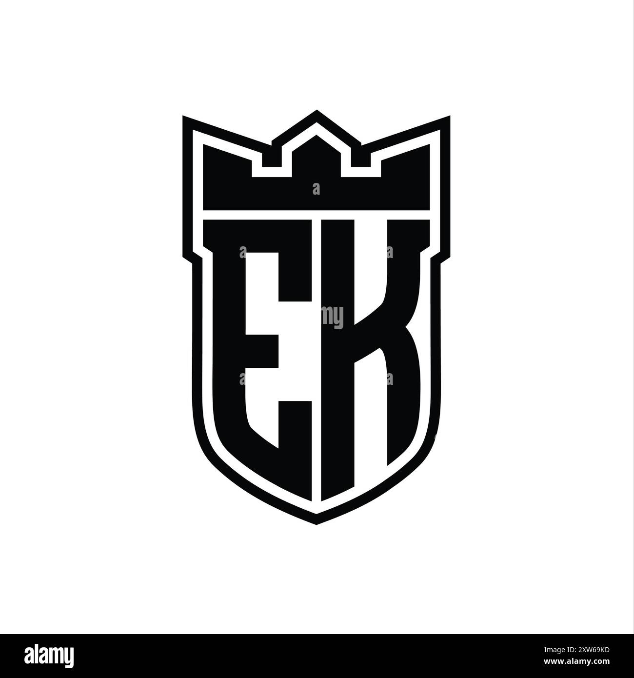 EK Letter logo with shield shape with geometric crown inside black outline on white background ...