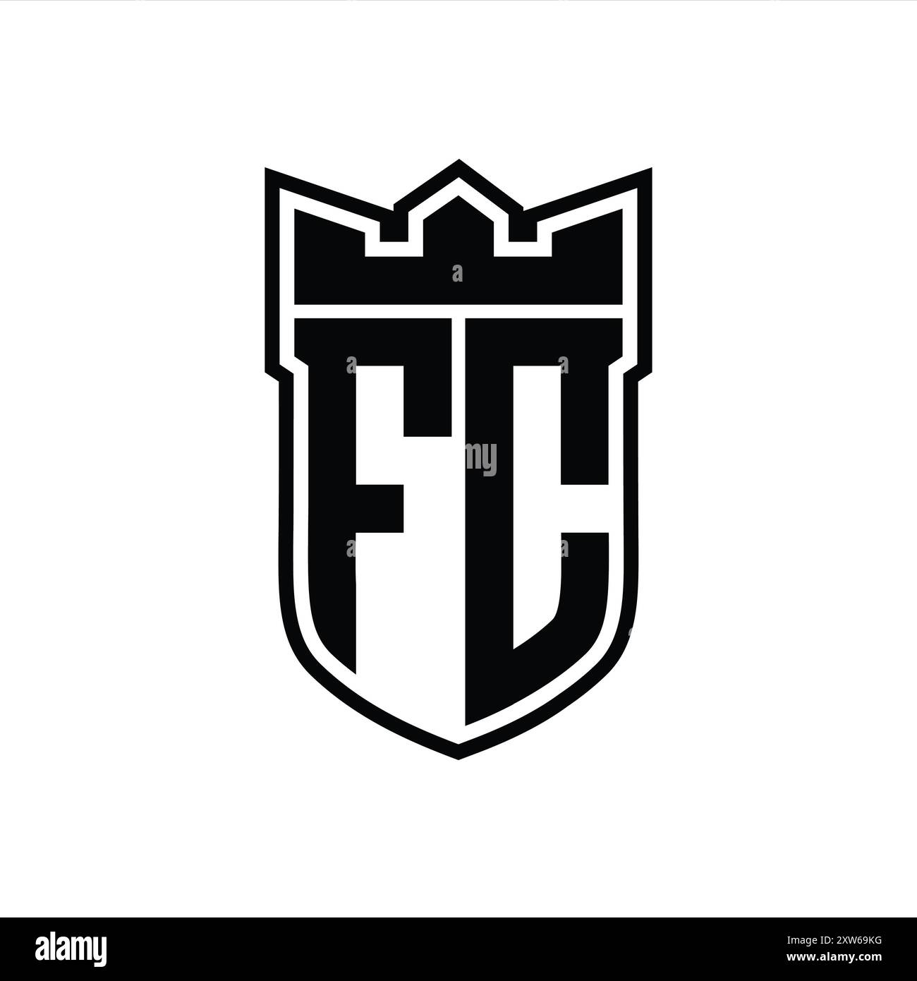 FC Letter logo with shield shape with geometric crown inside black outline on white background ...