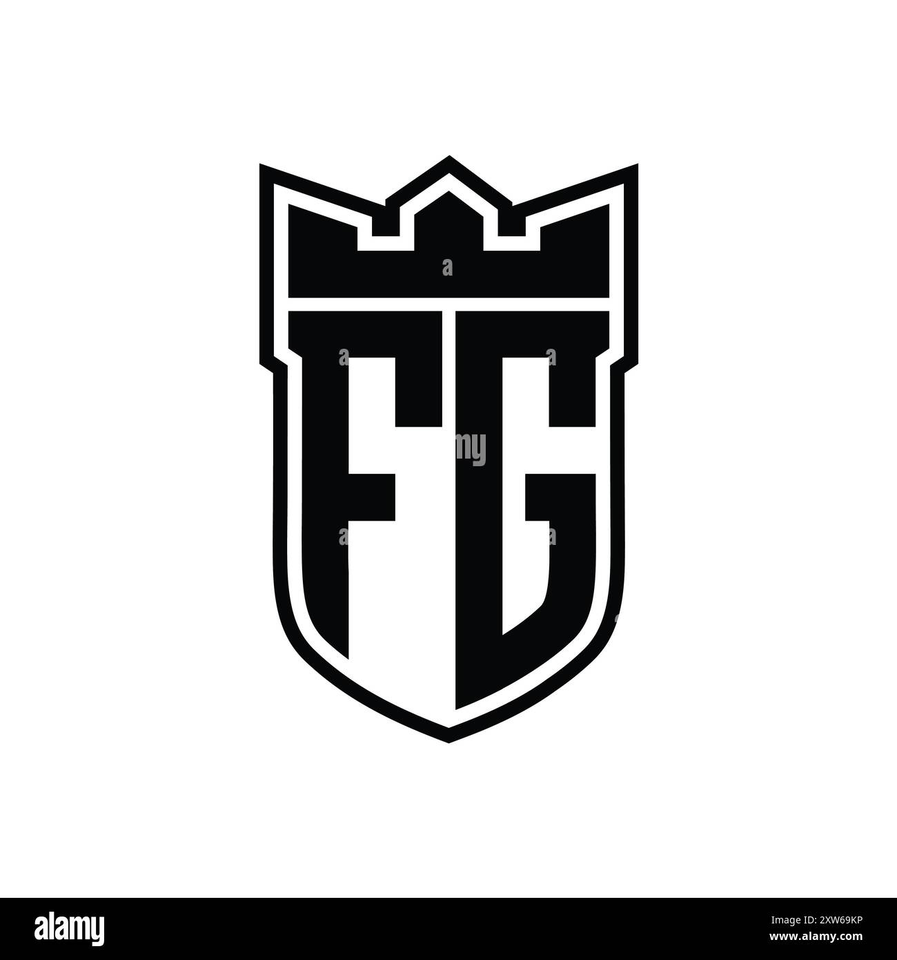 FG Letter logo with shield shape with geometric crown inside black ...