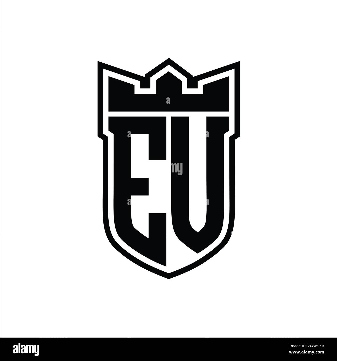 EV Letter logo with shield shape with geometric crown inside black ...