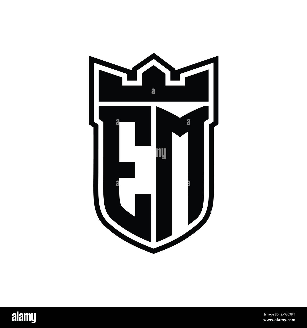 EM Letter logo with shield shape with geometric crown inside black ...