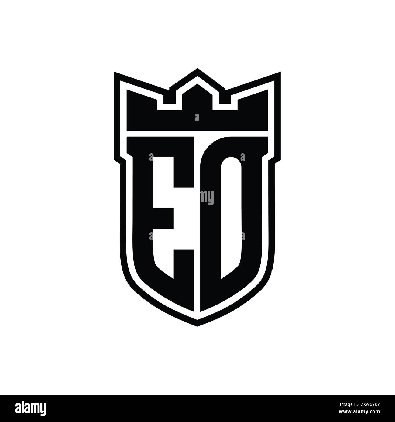 EO Letter logo with shield shape with geometric crown inside black ...
