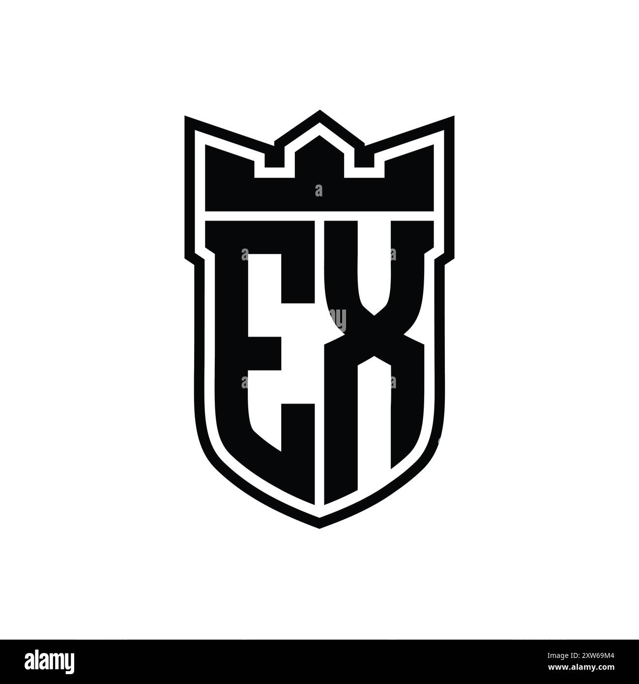 EX Letter logo with shield shape with geometric crown inside black ...