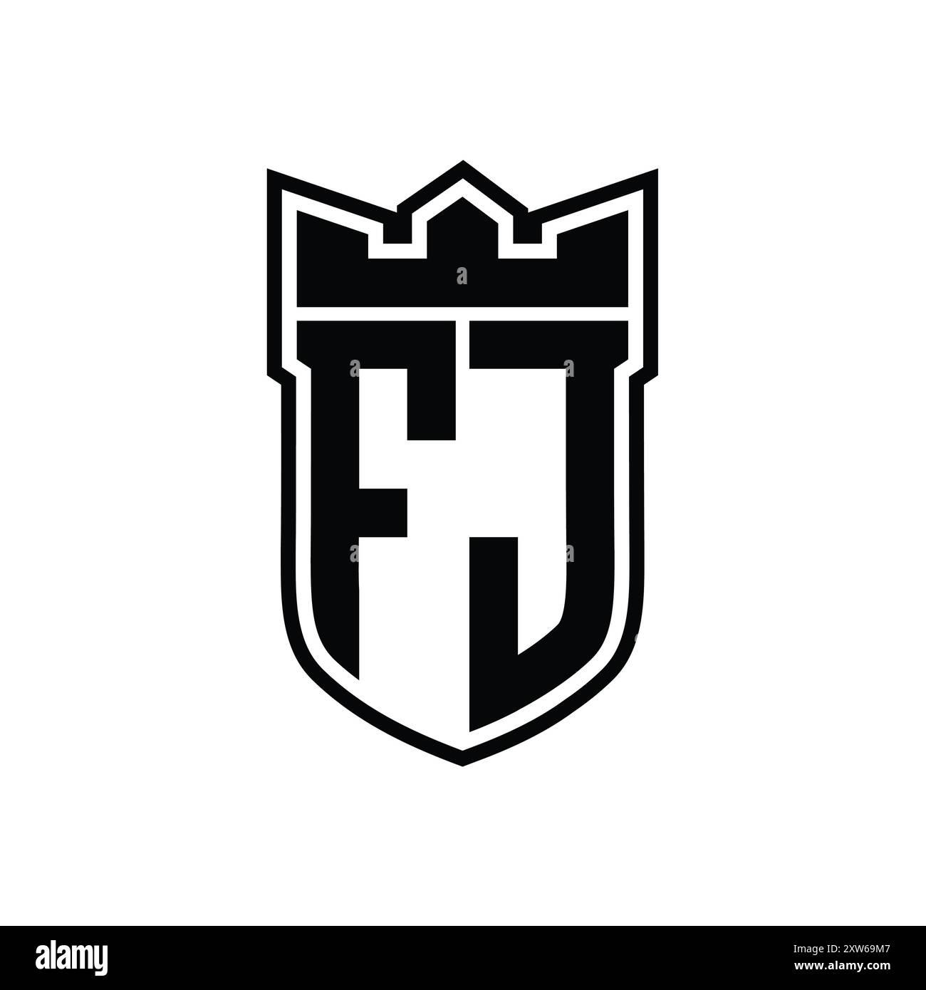 FJ Letter logo with shield shape with geometric crown inside black outline on white background ...