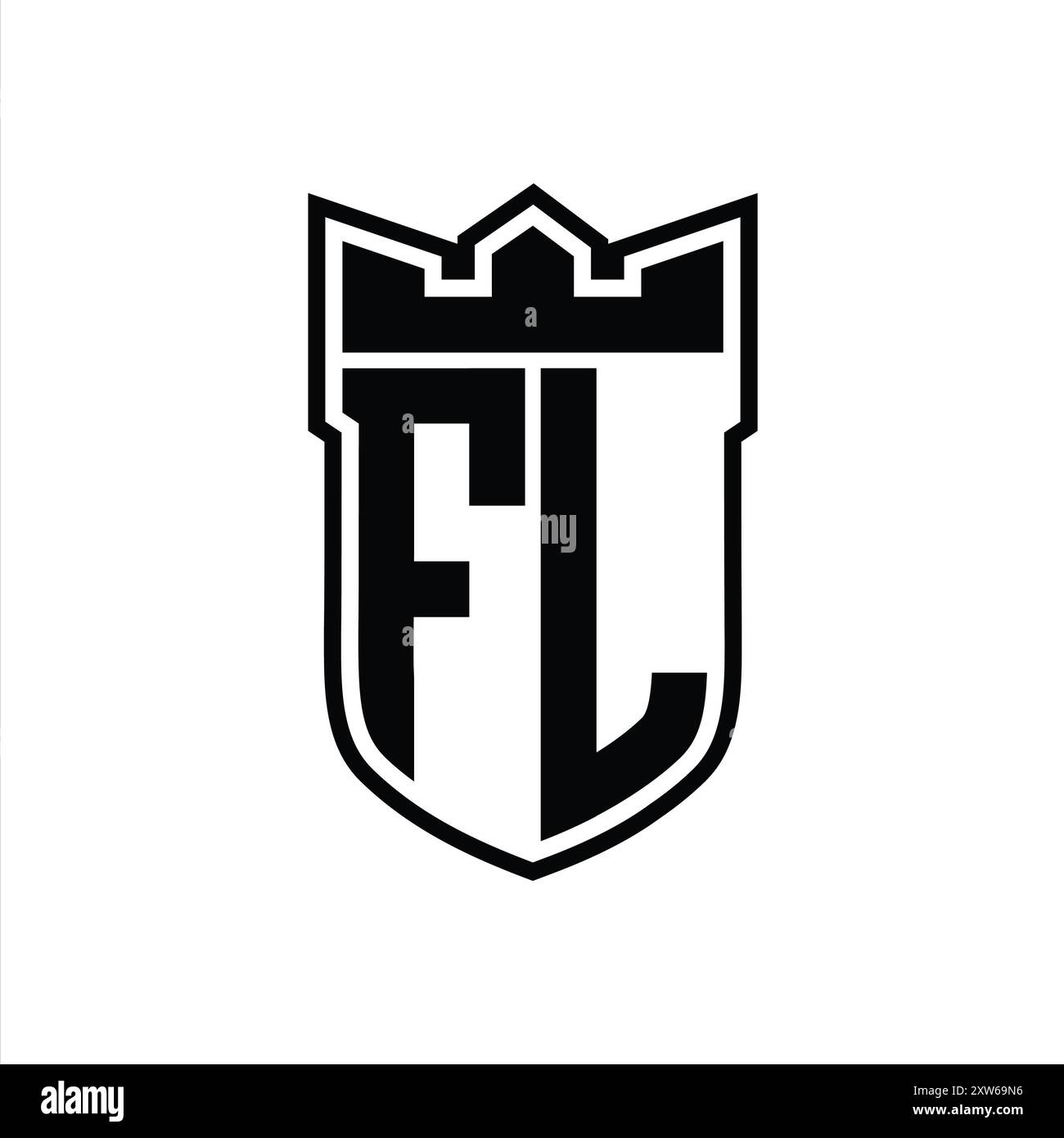 FL Letter logo with shield shape with geometric crown inside black outline on white background ...