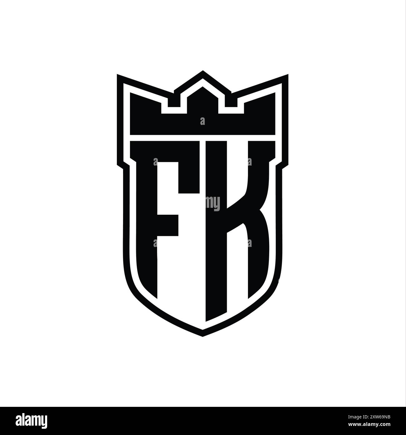 FK Letter logo with shield shape with geometric crown inside black ...