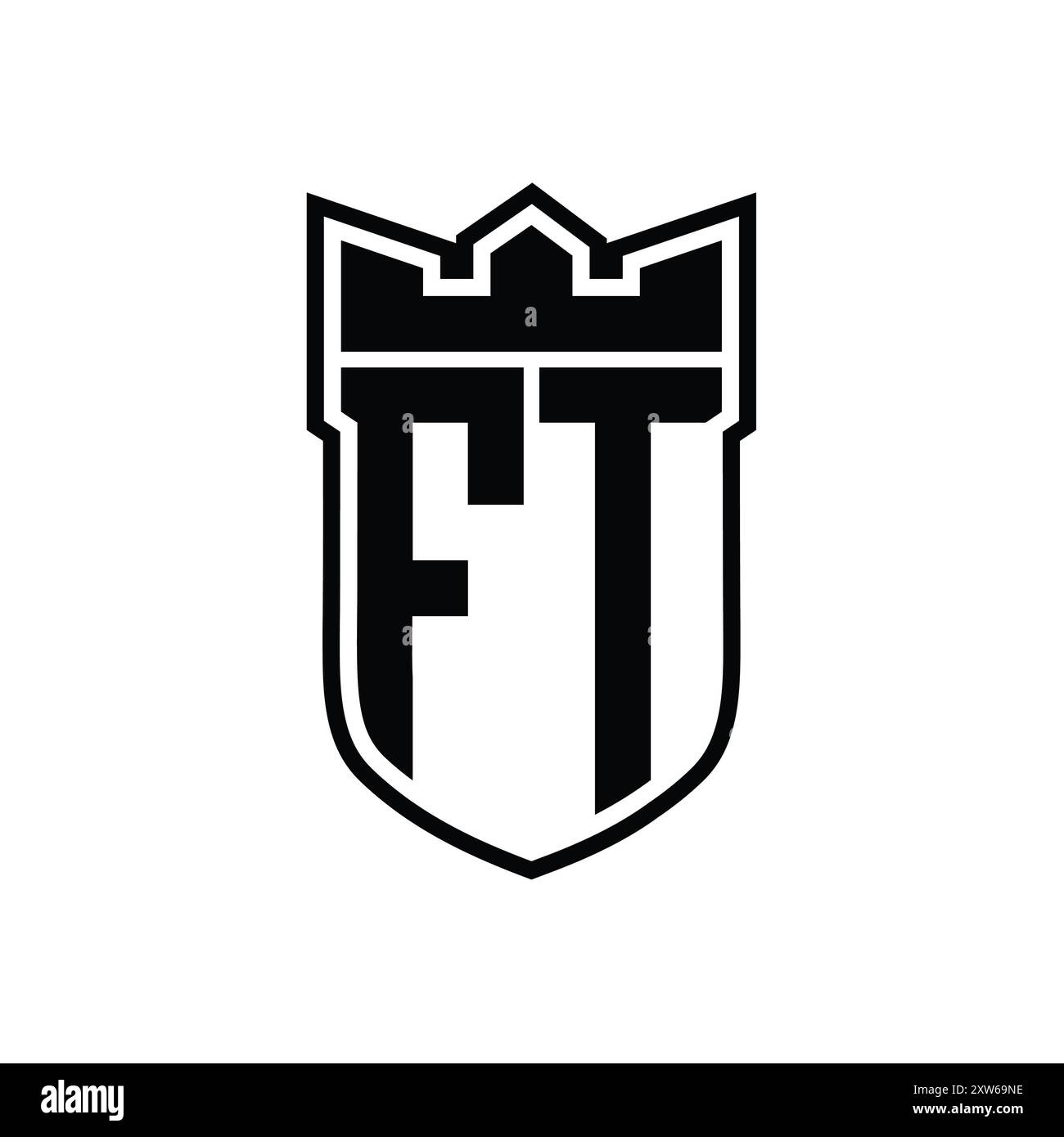 FT Letter logo with shield shape with geometric crown inside black ...