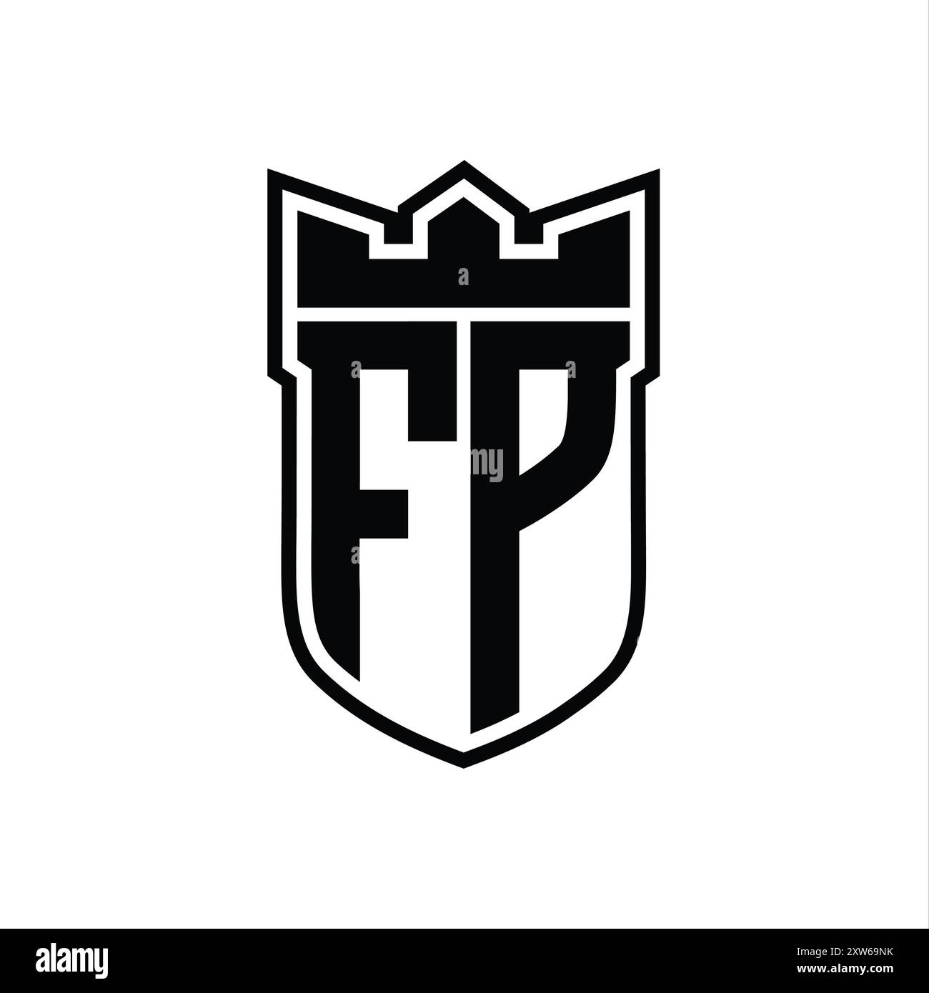 FP Letter logo with shield shape with geometric crown inside black ...