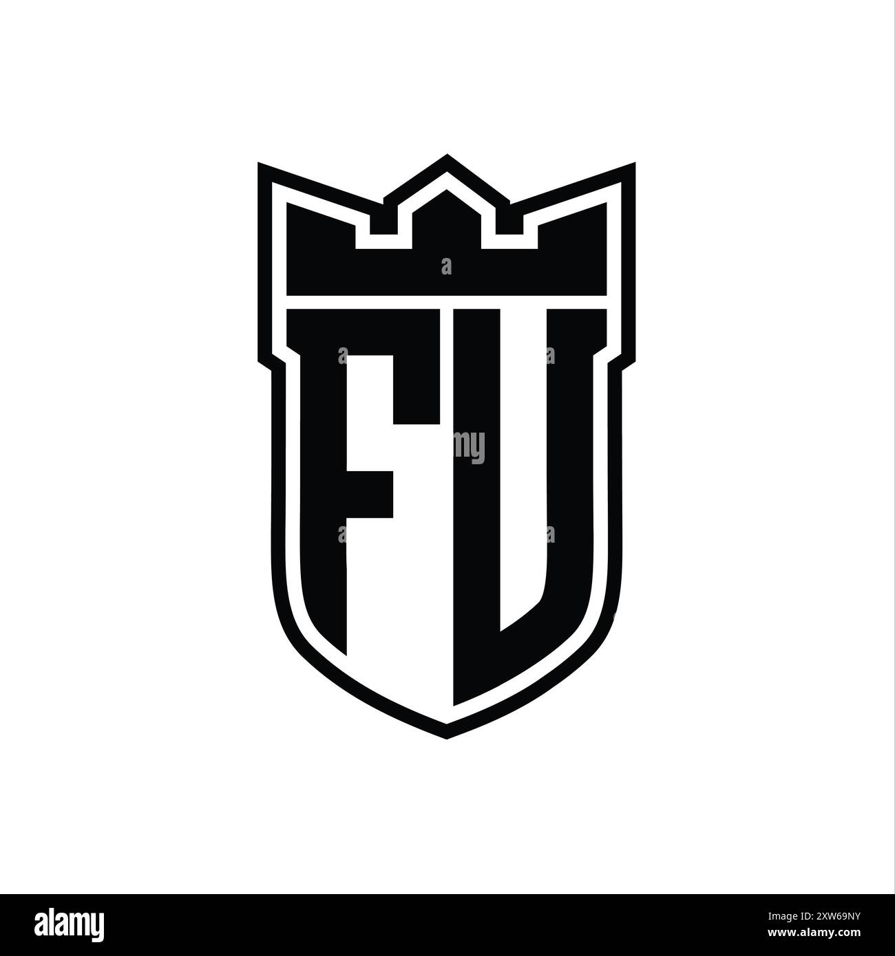 FU Letter logo with shield shape with geometric crown inside black ...