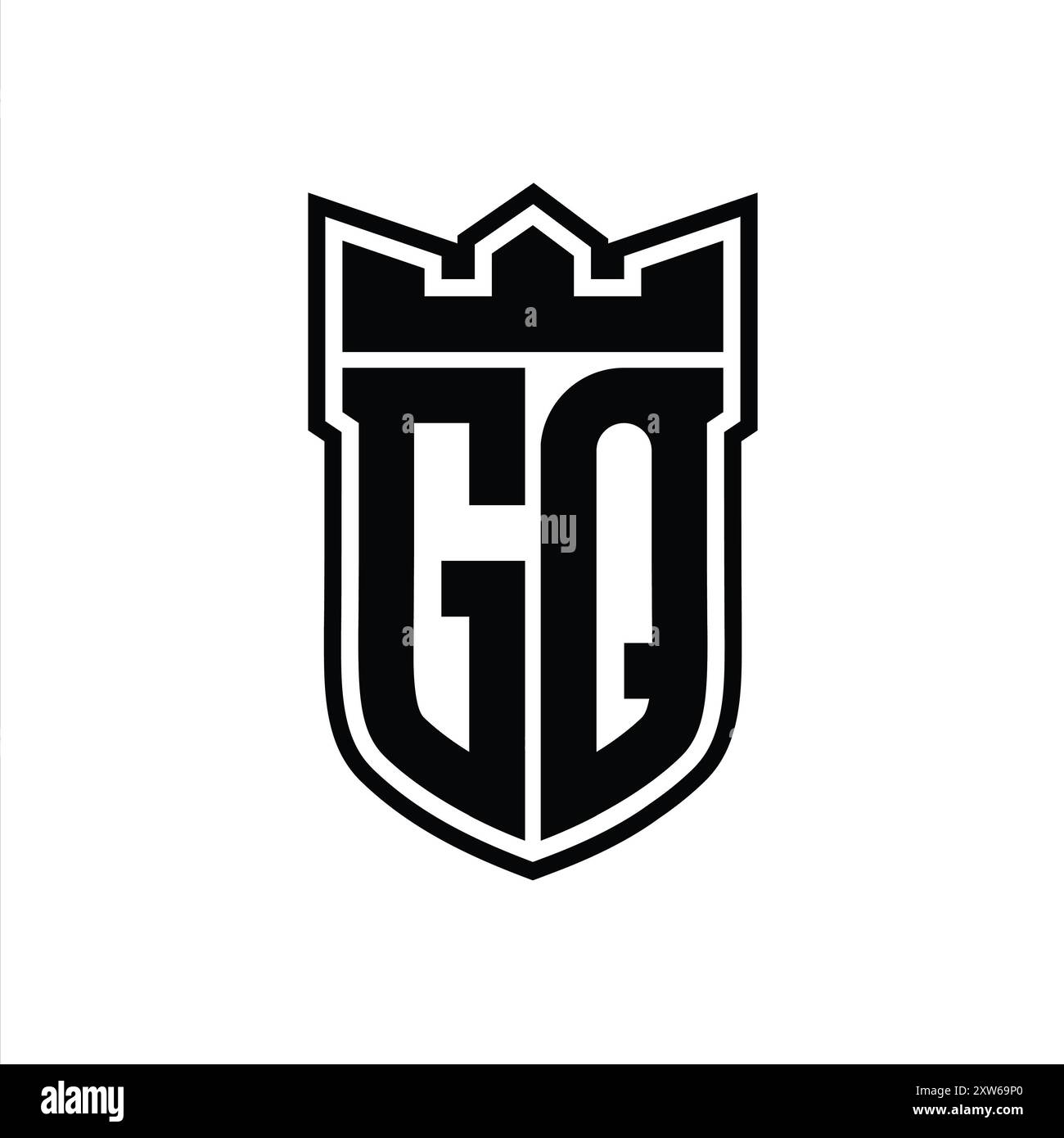 GQ Letter logo with shield shape with geometric crown inside black ...
