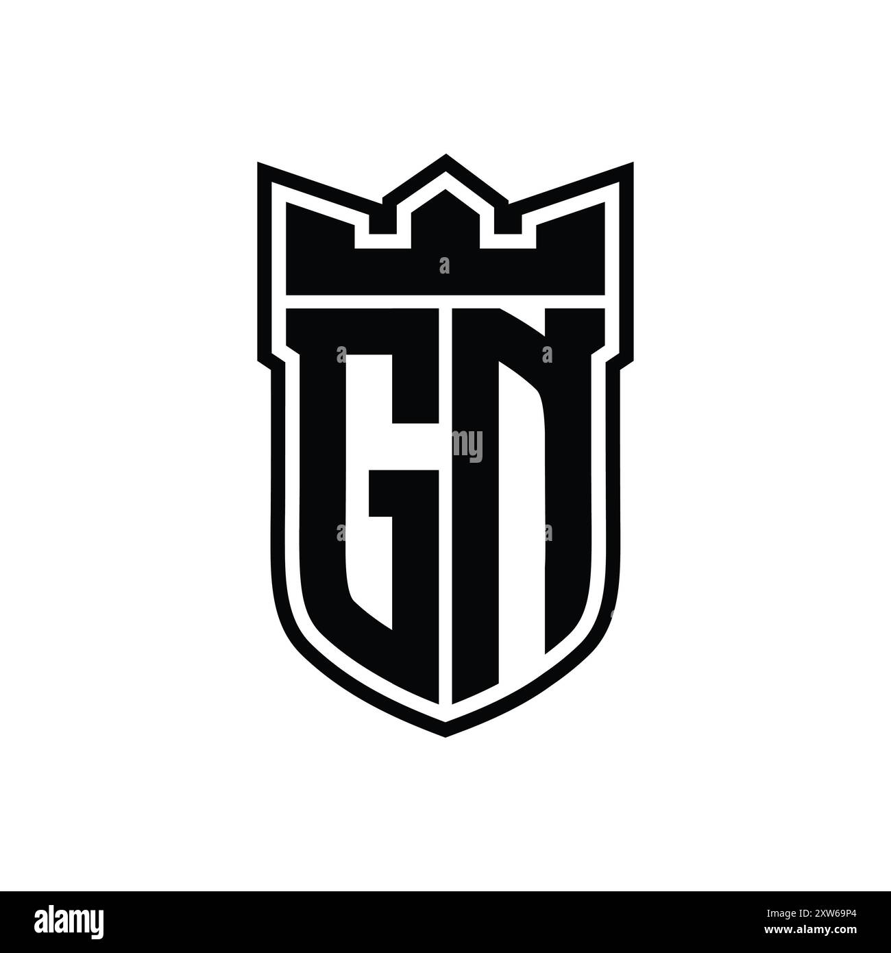 GN Letter logo with shield shape with geometric crown inside black ...
