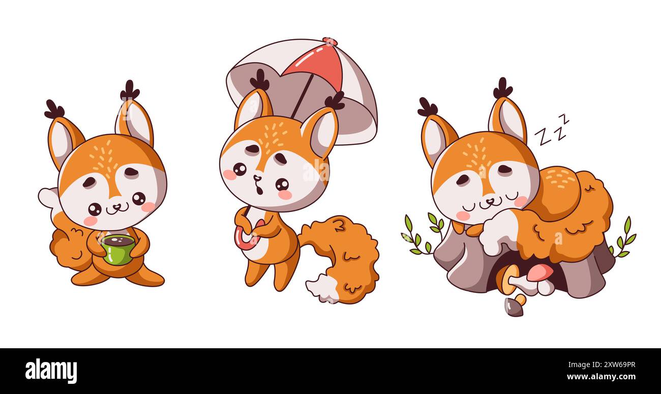 Kawaii Squirrels Set In Various Situations On White Background Flat