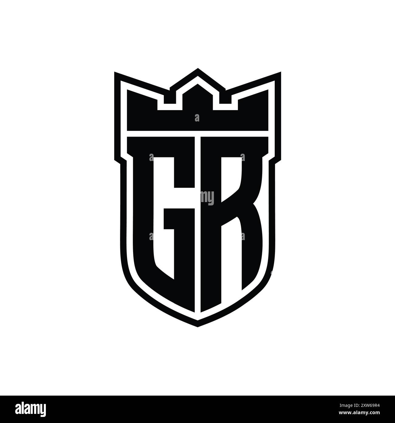 GR Letter logo with shield shape with geometric crown inside black ...