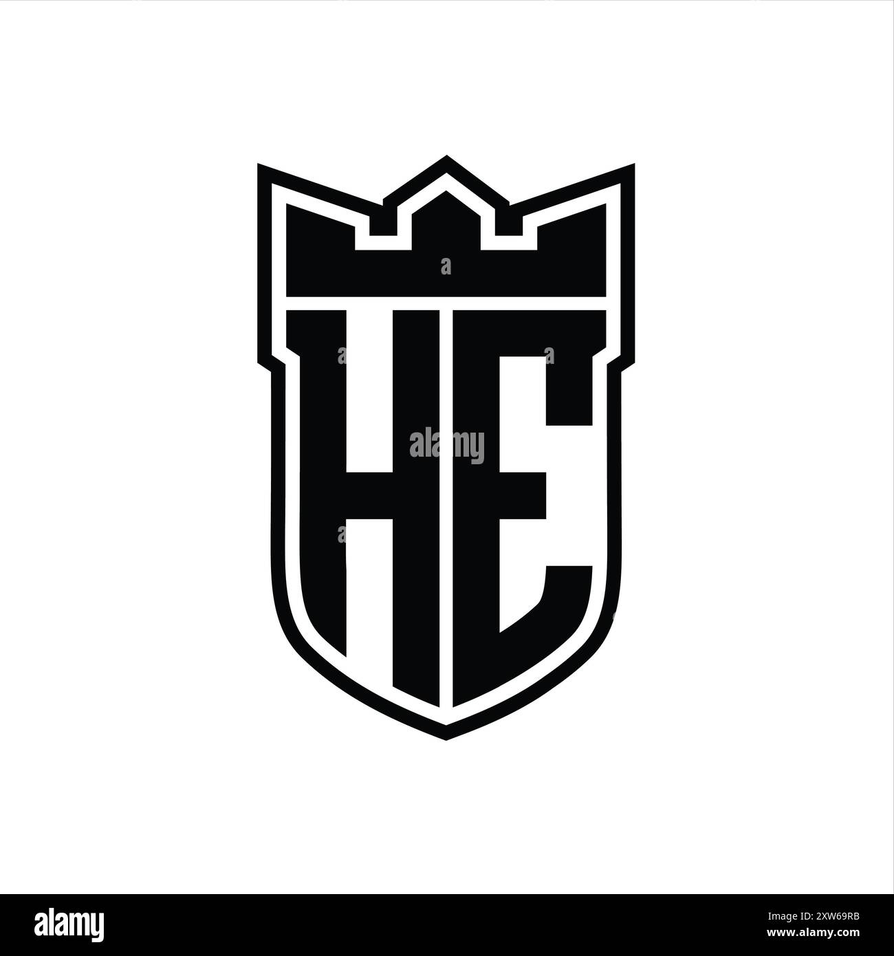 HE Letter logo with shield shape with geometric crown inside black ...