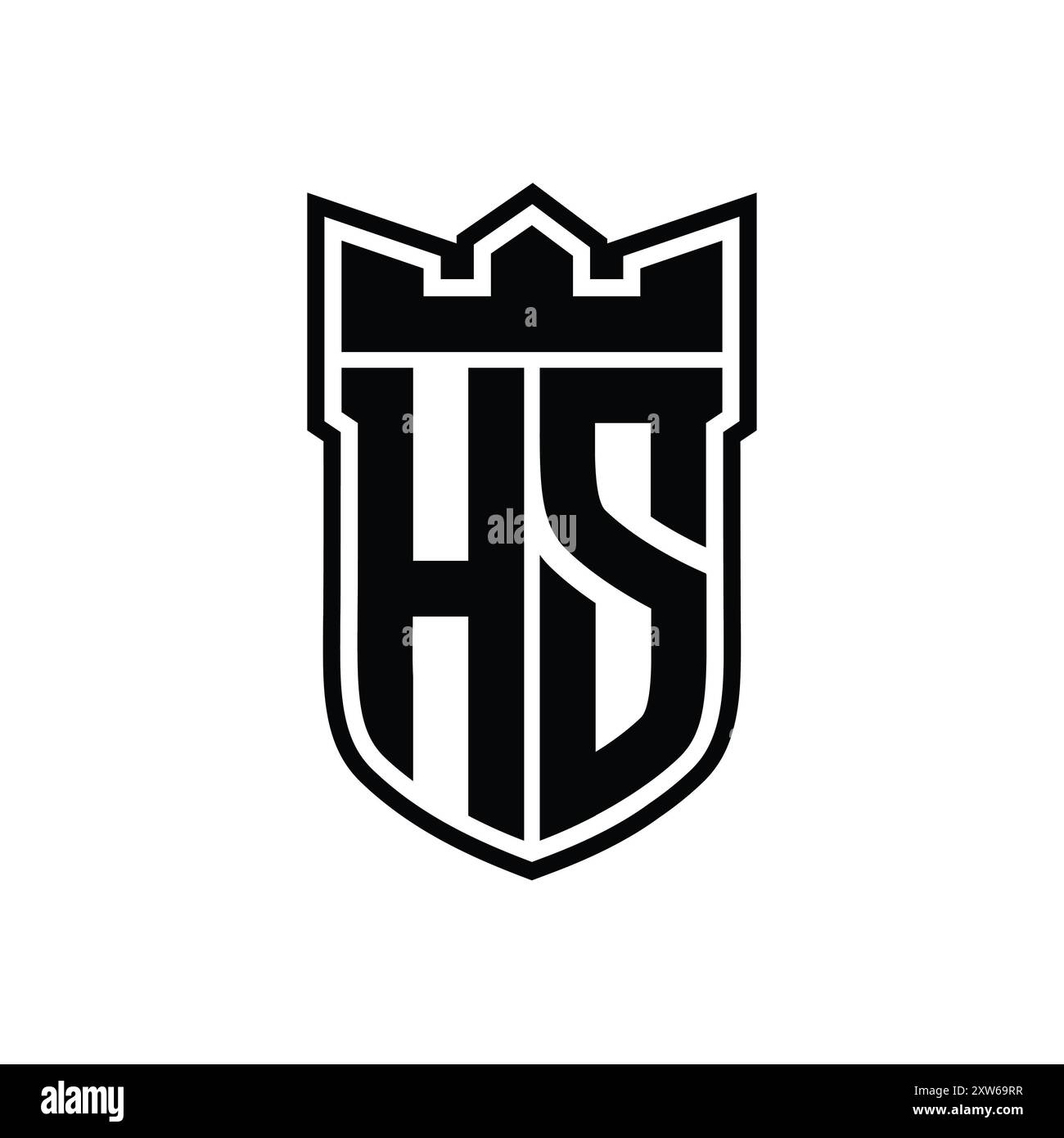 HS Letter logo with shield shape with geometric crown inside black ...