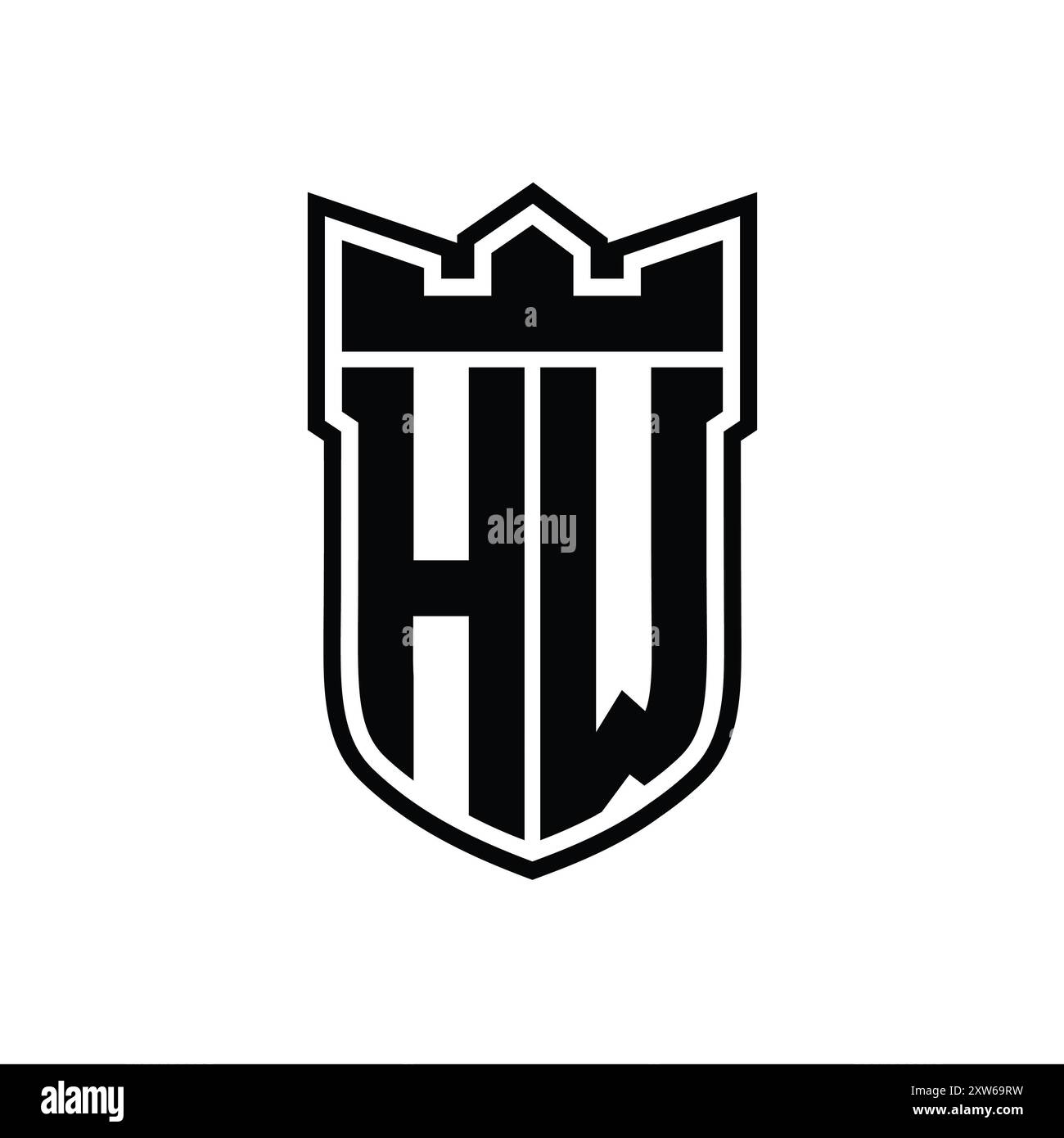 HW Letter logo with shield shape with geometric crown inside black ...