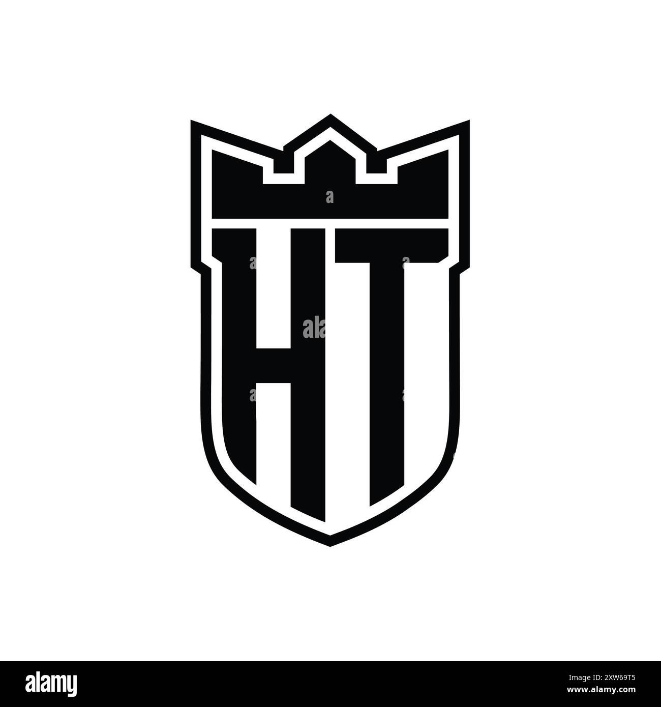 HT Letter logo with shield shape with geometric crown inside black ...