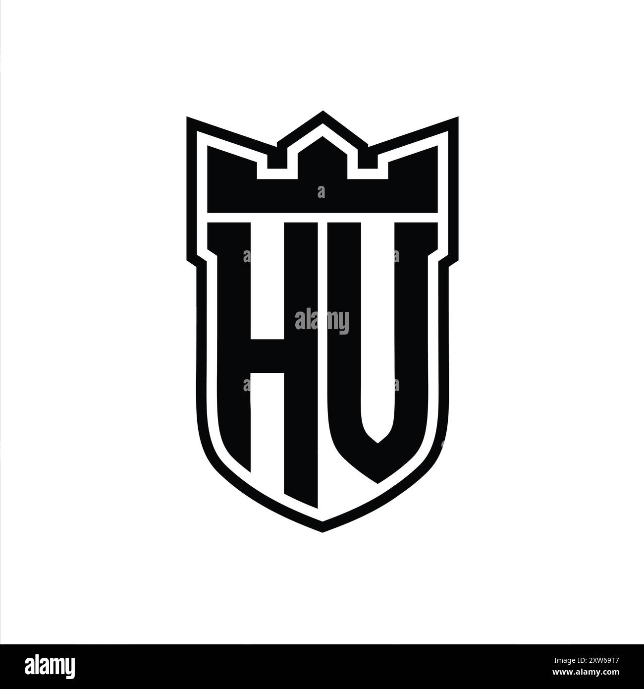 HV Letter logo with shield shape with geometric crown inside black ...