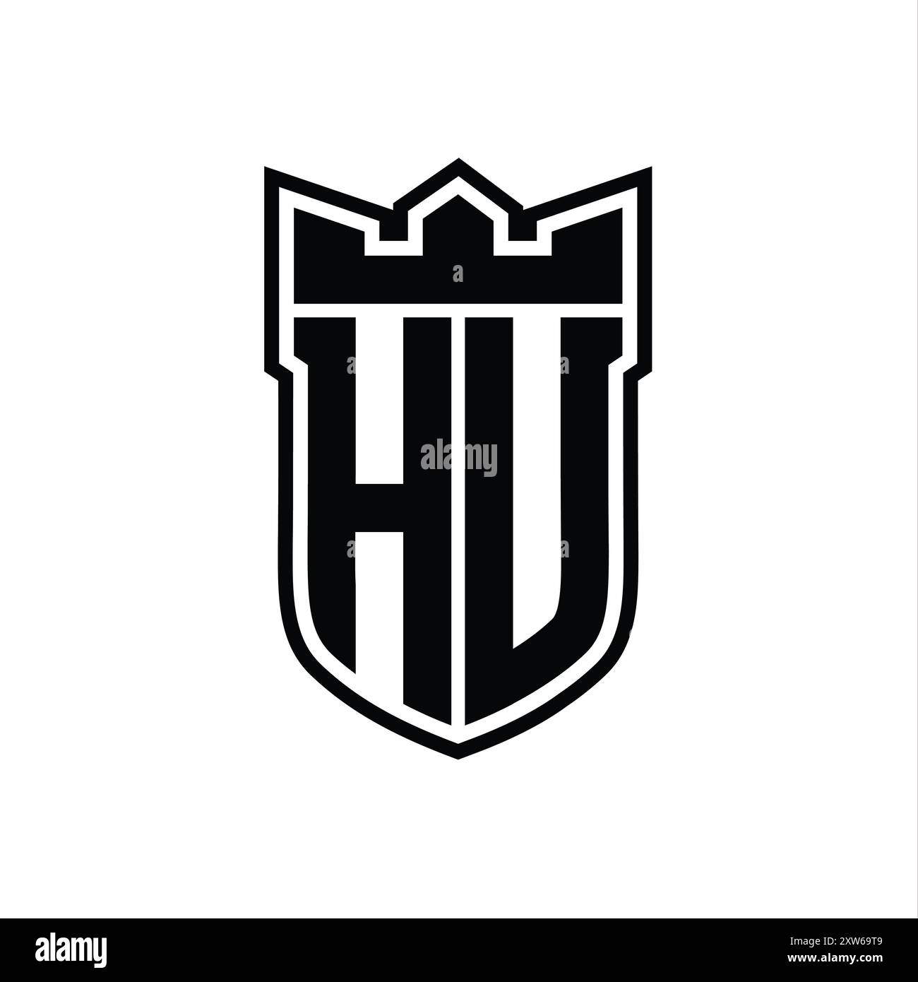 HU Letter logo with shield shape with geometric crown inside black outline on white background ...