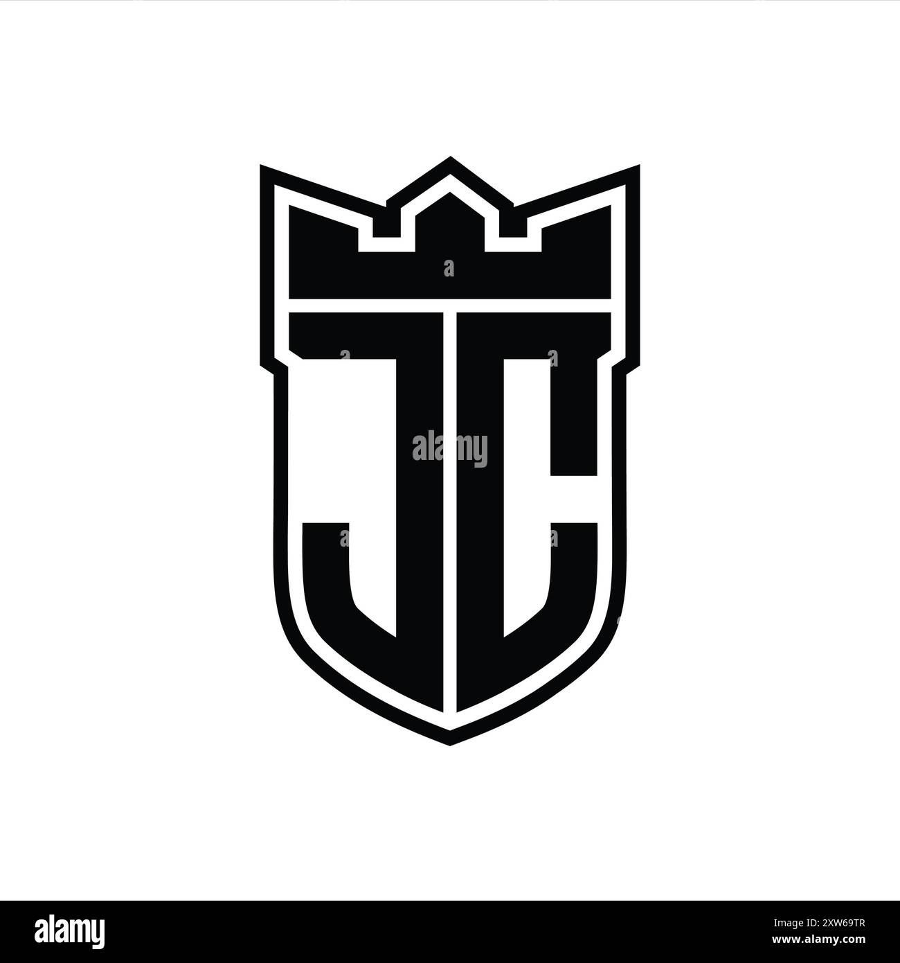 JC Letter logo with shield shape with geometric crown inside black ...