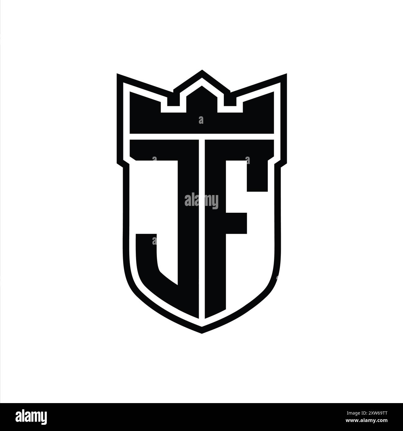 JF Letter logo with shield shape with geometric crown inside black ...