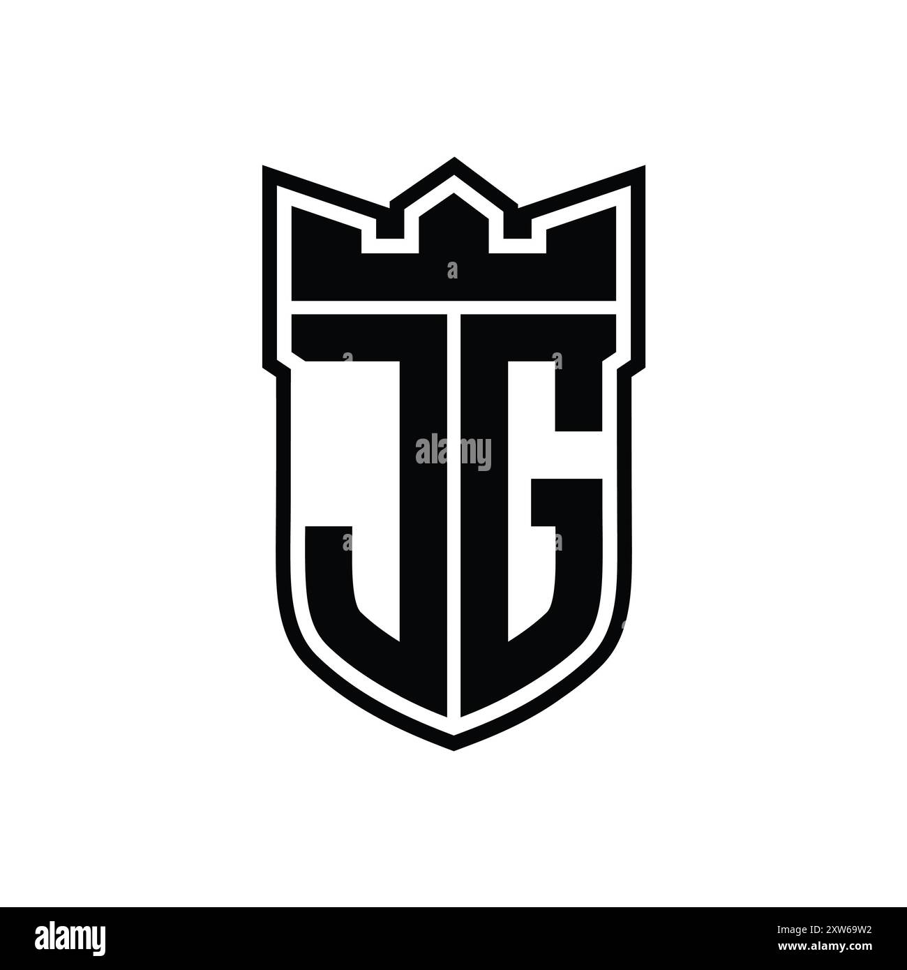 JG Letter logo with shield shape with geometric crown inside black ...